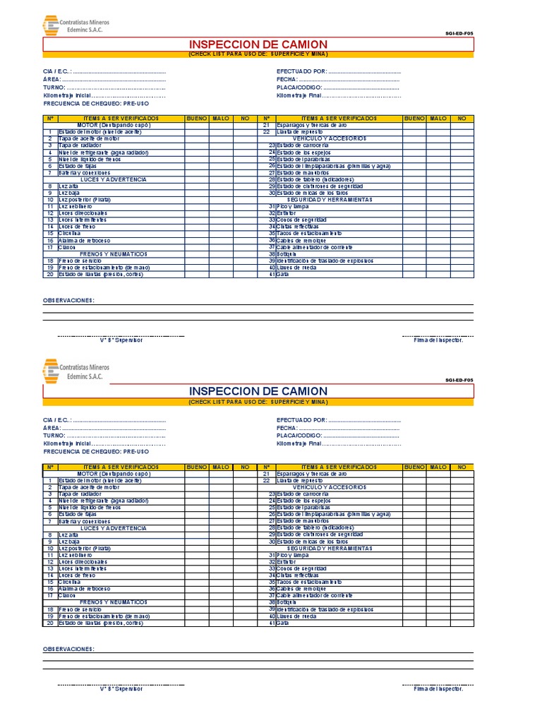 Check List de Inspección de Camiones | PDF | Camión | Vehículos terrestres