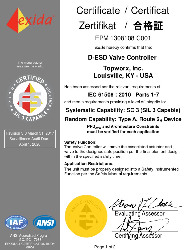EPM 1308108 C001 R3.0 Topworx D-ESD Certificate | PDF