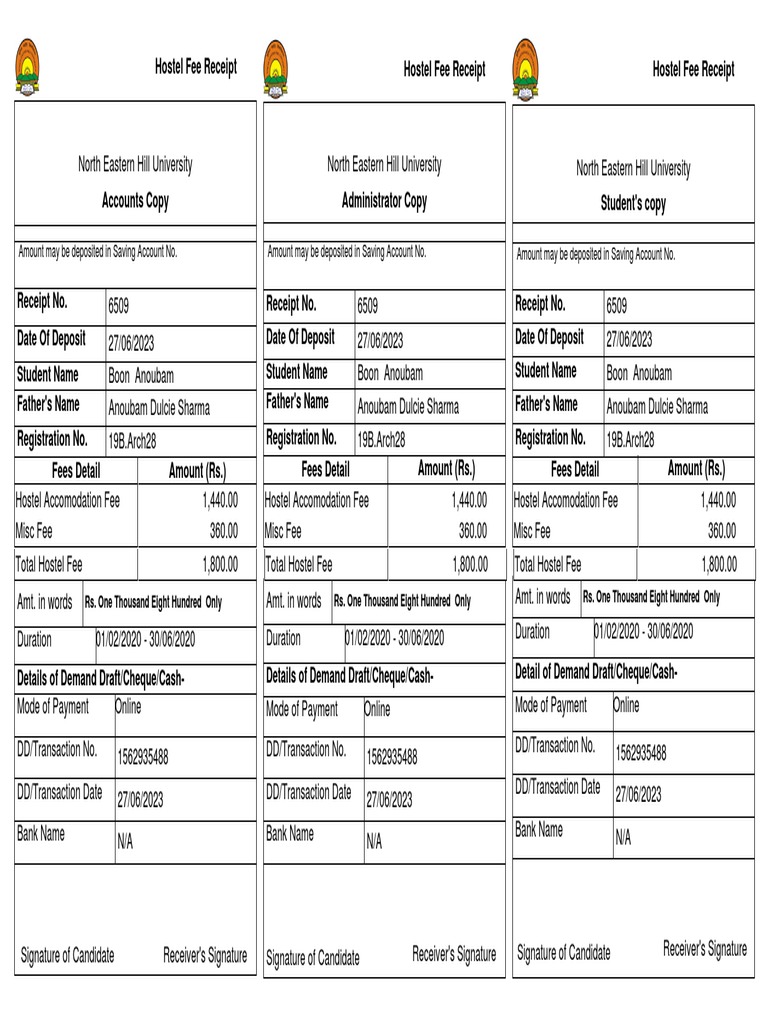 Hostel Fee Receipt | Download Free PDF | Cheque | Payments