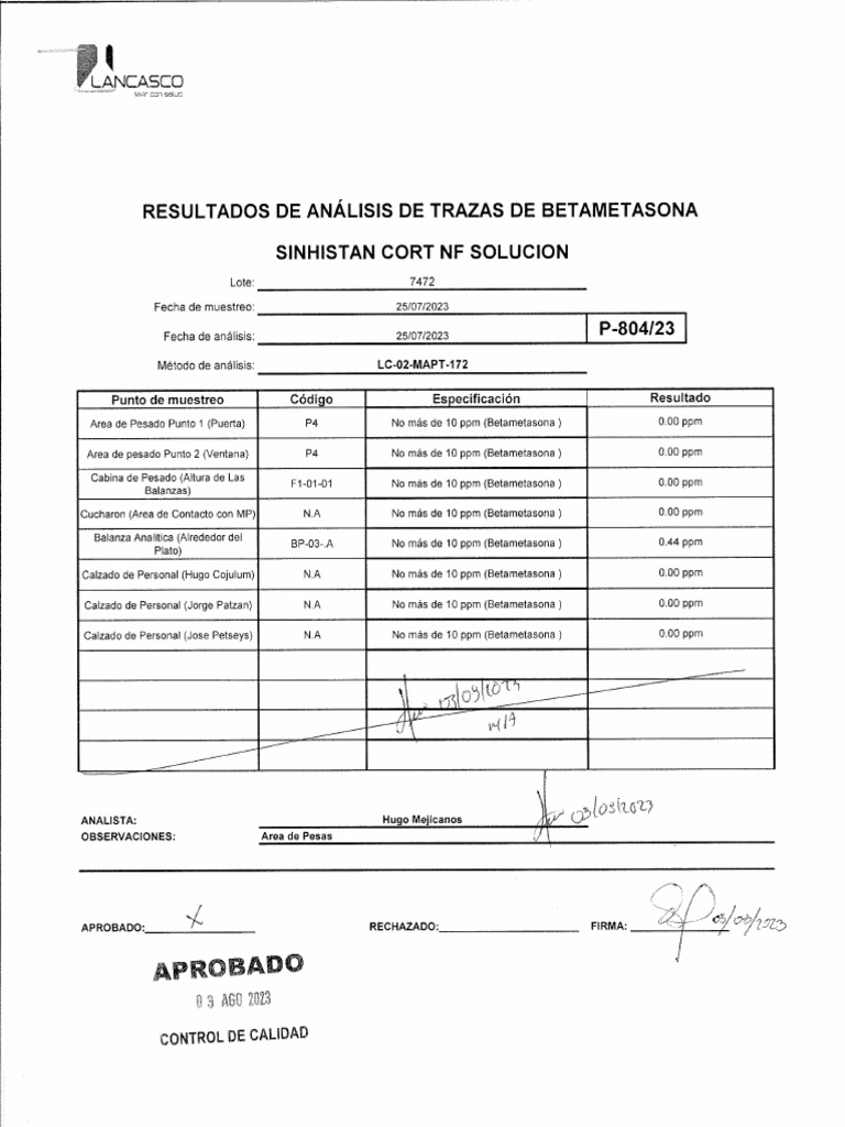Trazas Sinhistan Cort NF Solución Lote 7472 (Completo) | PDF
