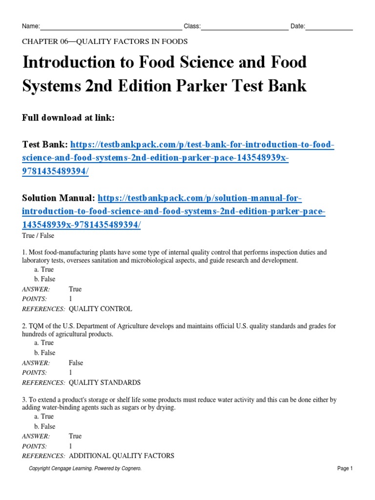 Introduction To Food Science and Food Systems 2nd Edition Parker Test ...