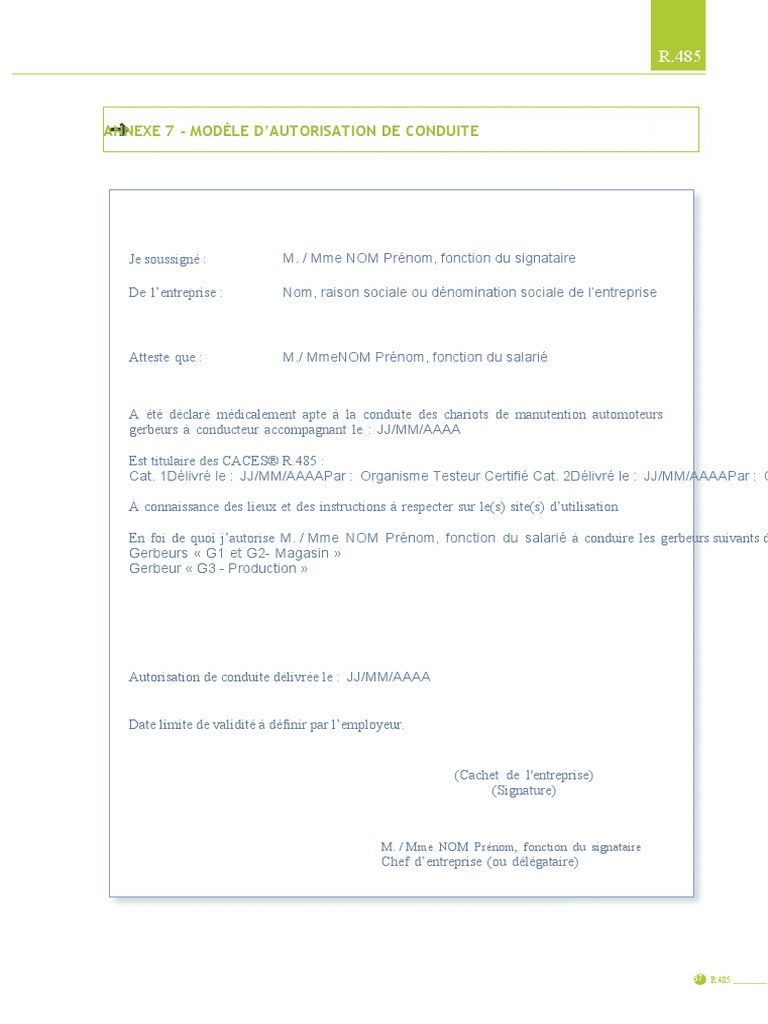 Modèle d'Autorisation de conduite R.485 gerbeur | PDF