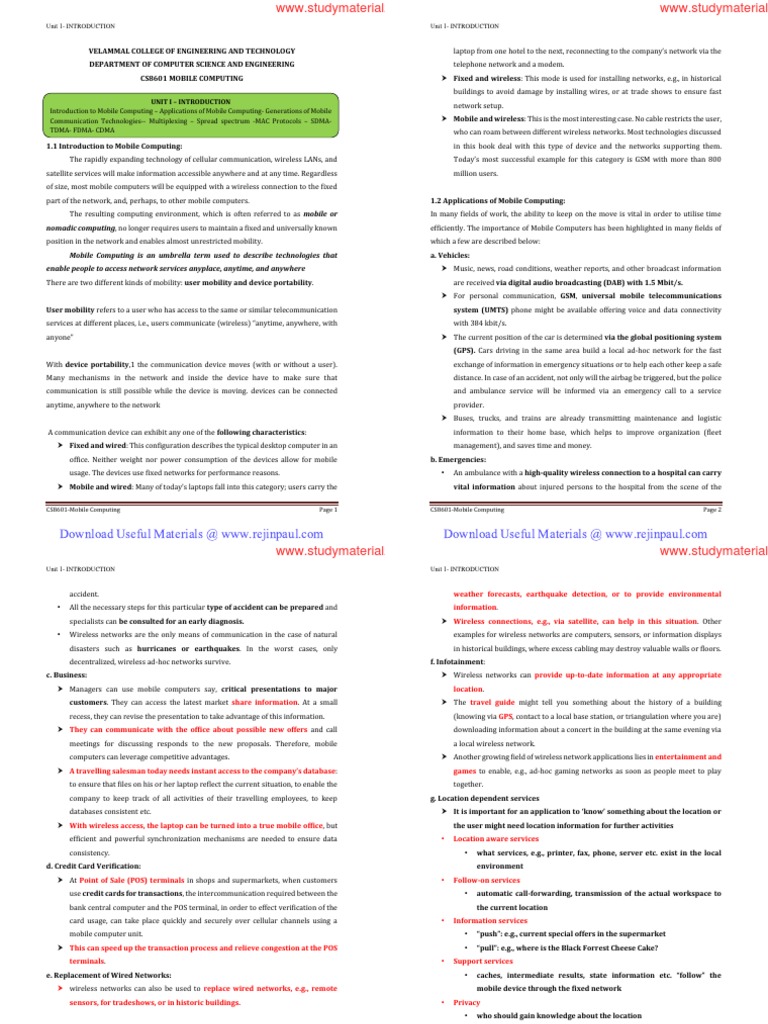 Cs8601 Mobile Computing Notes New Pdf
