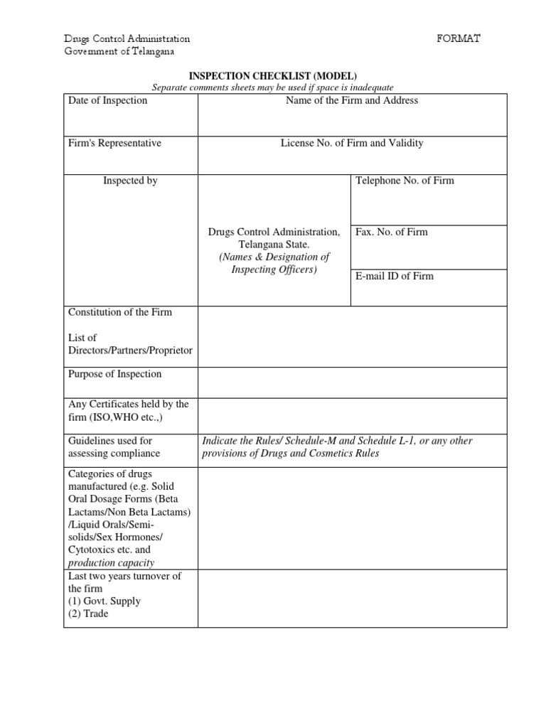 Format of DCA Inspection Checklists | PDF