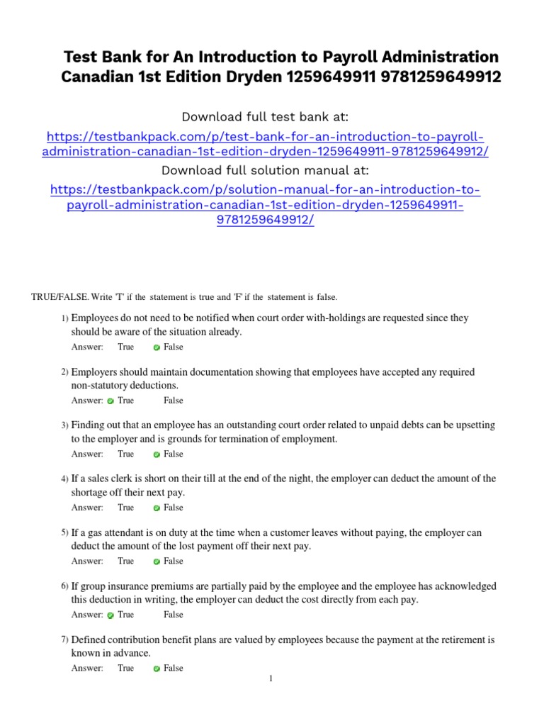 Payroll Canadian 1st Edition Dryden Test Bank 1 | PDF