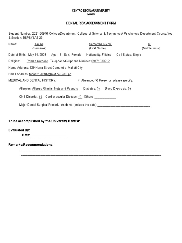 Dental Risk Assessment Form | PDF | Dentistry | Oral Hygiene