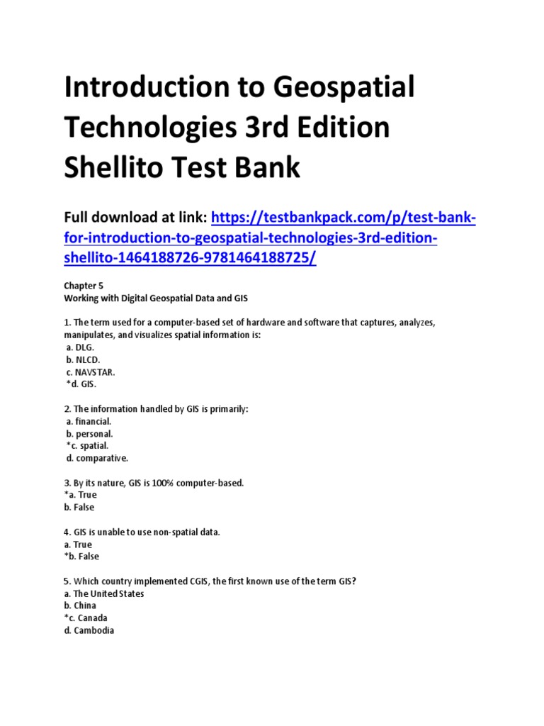 Introduction To Geospatial Technologies 3rd Edition Shellito Test Bank ...