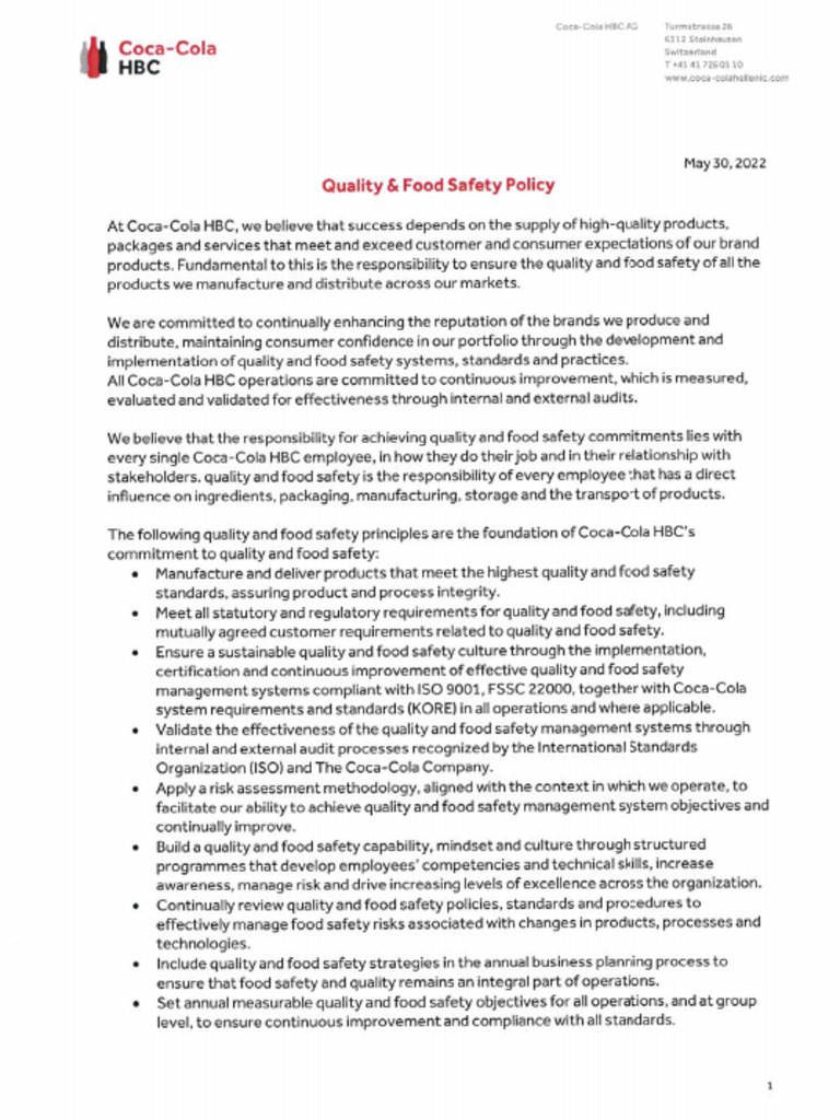 Quality Food Safety Policy 30 May 2022 | PDF