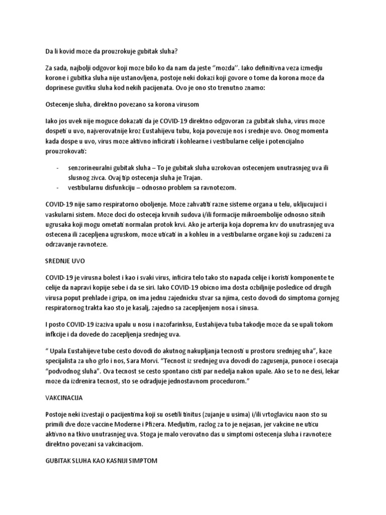 Da Li Kovid Moze Da Prouzrokuje Gubitak Sluha | PDF
