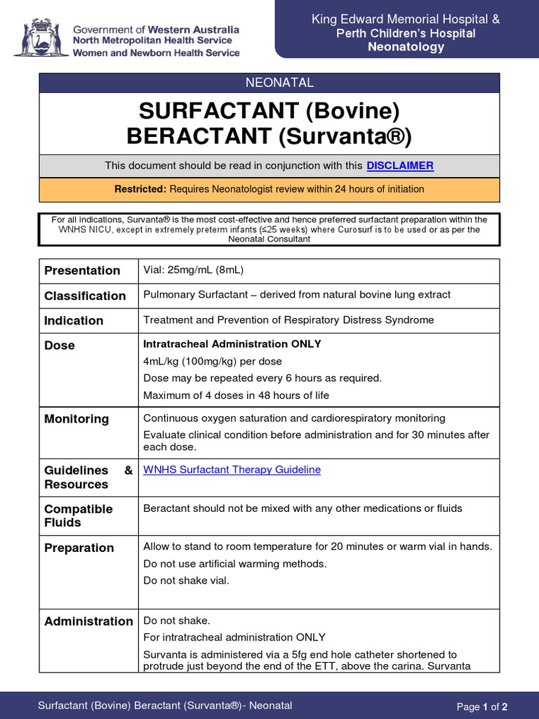 Surfactant - Bovine - Beractant - Survanta | PDF | Neonatology ...