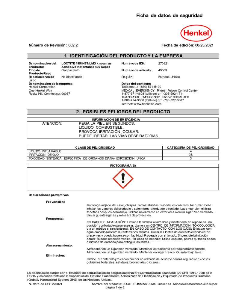 Hoja De Seguridad Loctite 495 Pdf