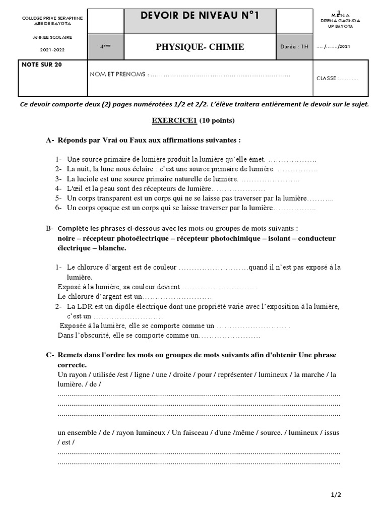 Devoir PC N°1 de 4è CPSAB | PDF