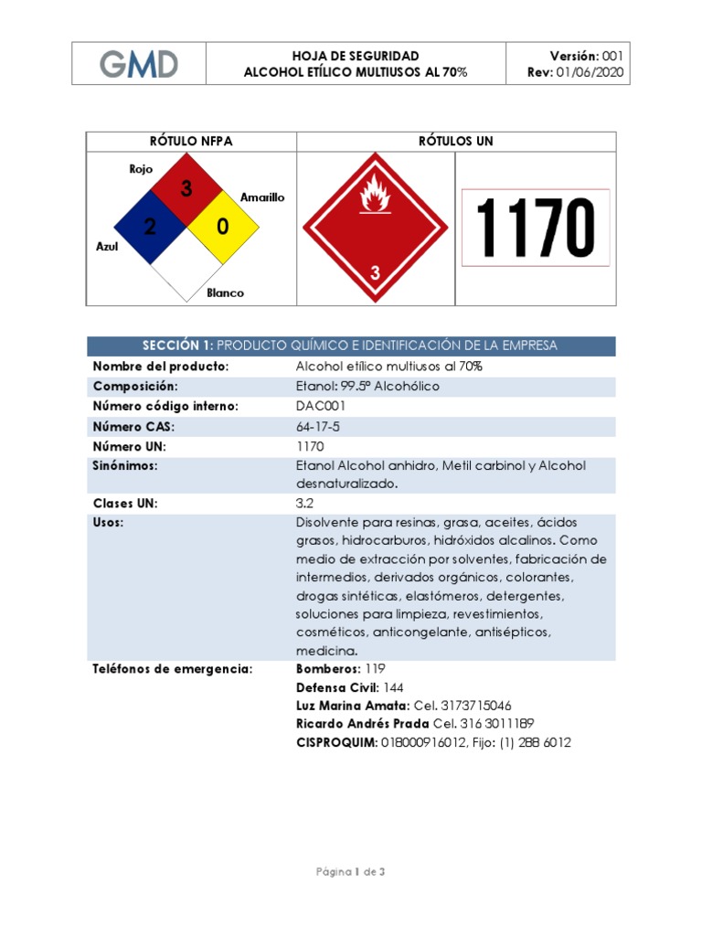 Hoja de Seguridad Alcohol Etílico 70% | PDF