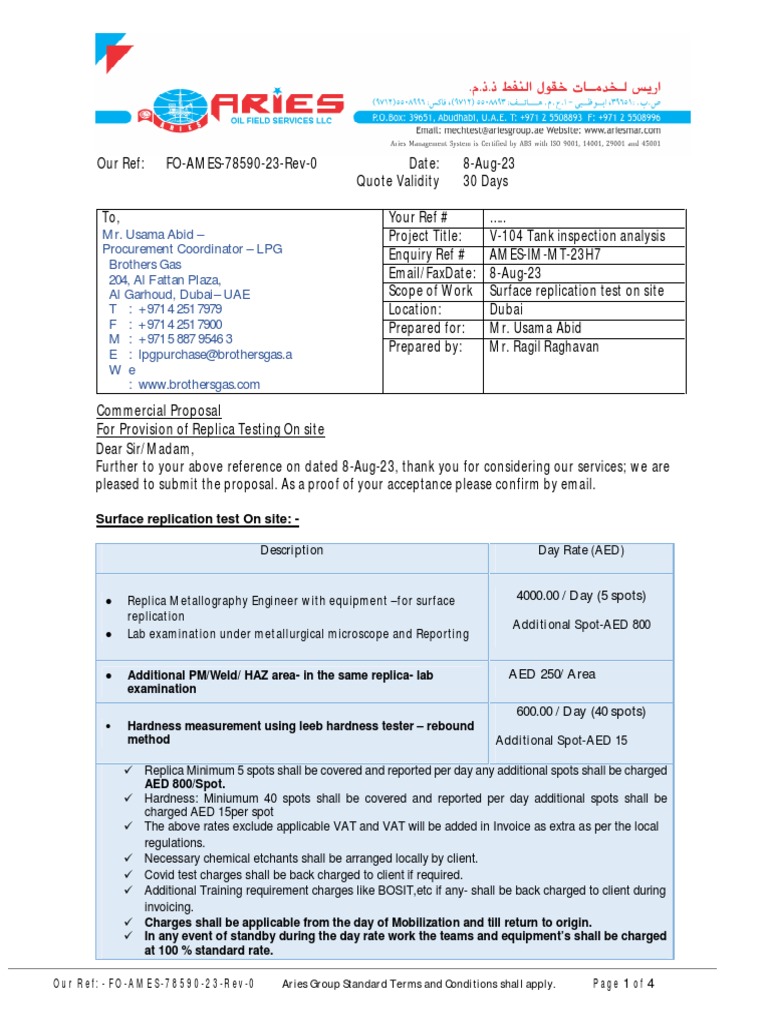 Aries Proposal for Tank Inspection Testing | PDF