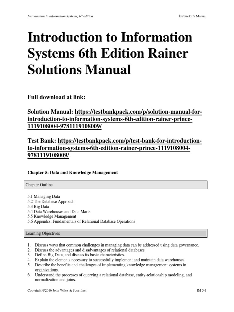 Introduction To Information Systems 6th Edition Rainer Solutions Manual Download Pdf Data