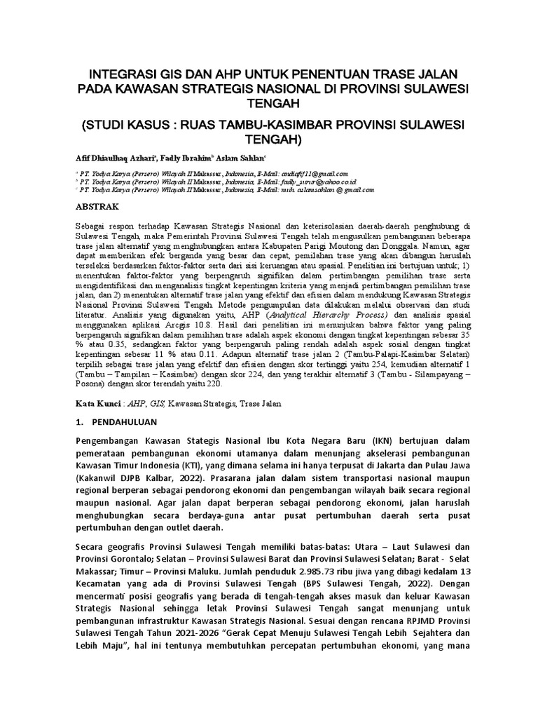 ANALISA PENENTUAN TRASE JALAN PADA KAWASAN STRATEGIS NASIONAL PROVINSI SULAWESI TENGAH ...