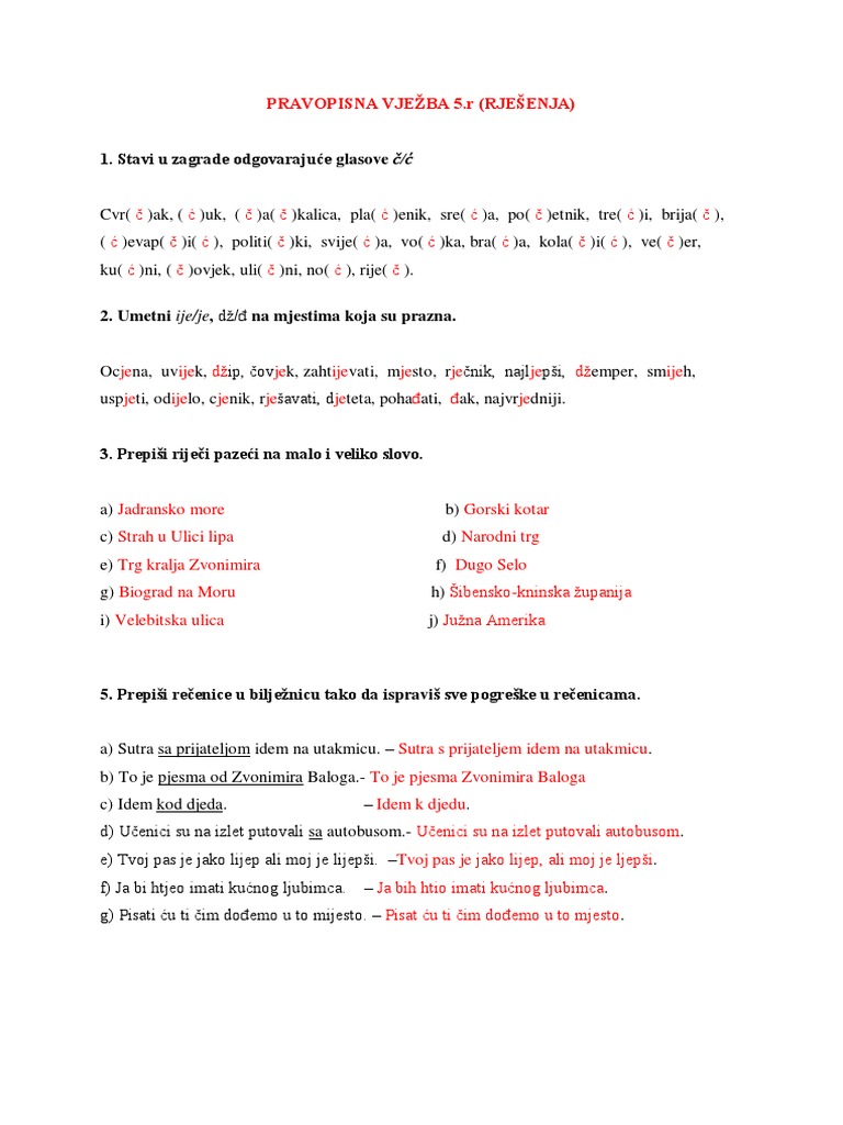 PRAVOPISNA VJEŽBA 5- RJEŠENJE | PDF