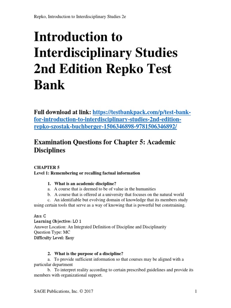 Introduction To Interdisciplinary Studies 2nd Edition Repko Test Bank ...