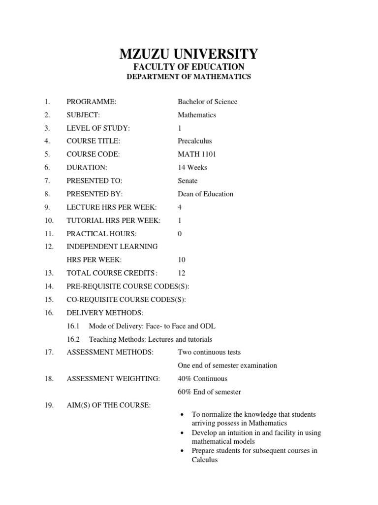 Course Outline Math1101 | PDF