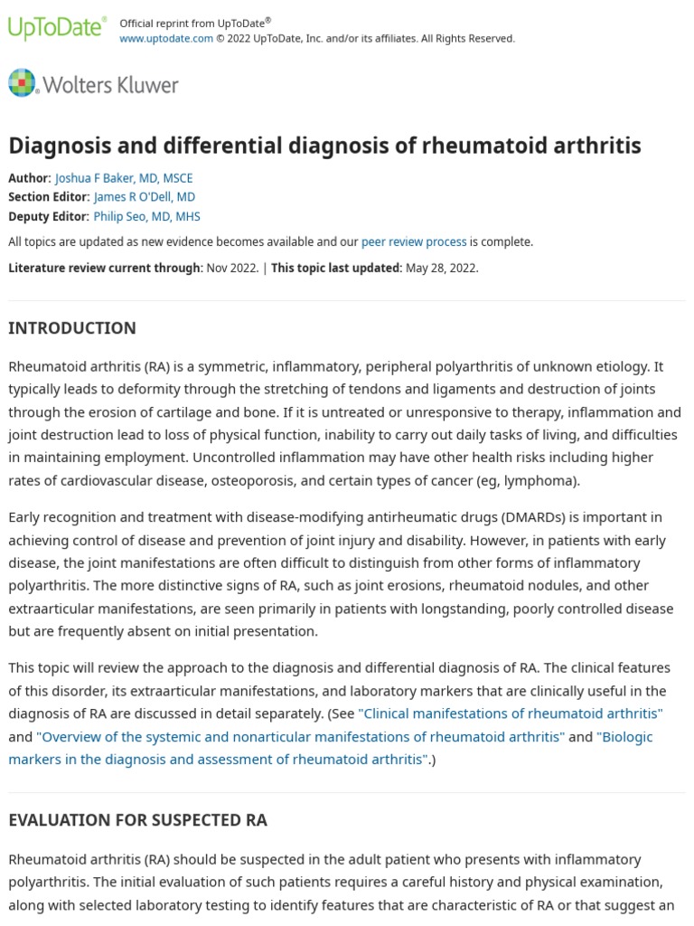 Diagnosis and Differential Diagnosis of Rheumatoid Arthritis - UpToDate ...
