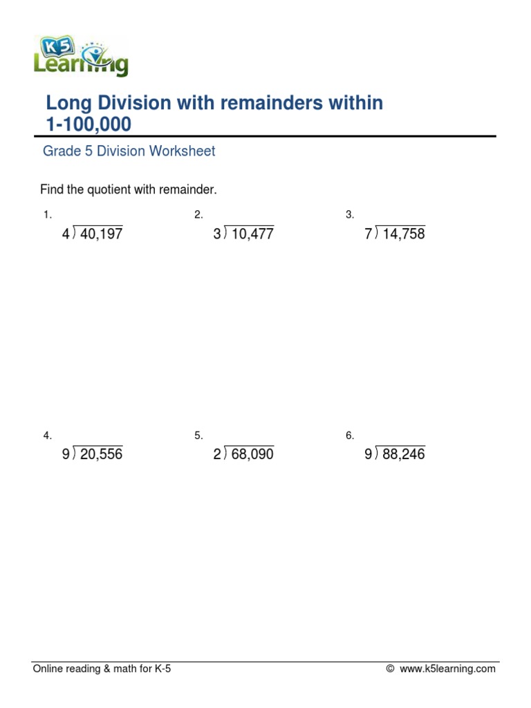 Grade 5 Long Division 5x1 Digit With Remainder F | PDF | Teaching ...