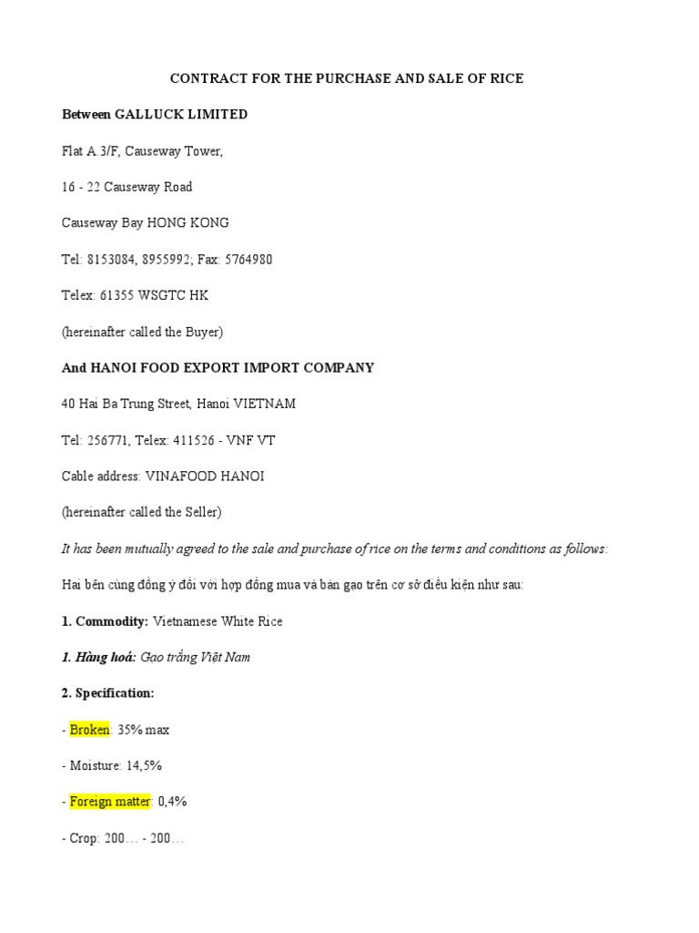 Contract For Rice | PDF