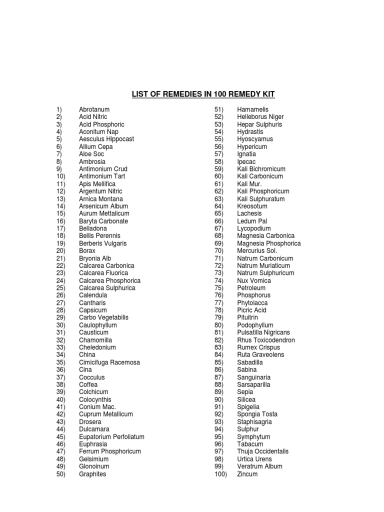 100 Remedy Kit List | Download Free PDF | Chemical Substances ...