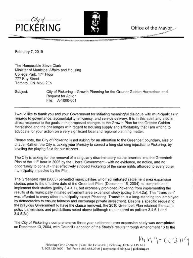 Pickering Letter Greenbelt | PDF | Governance | Justice