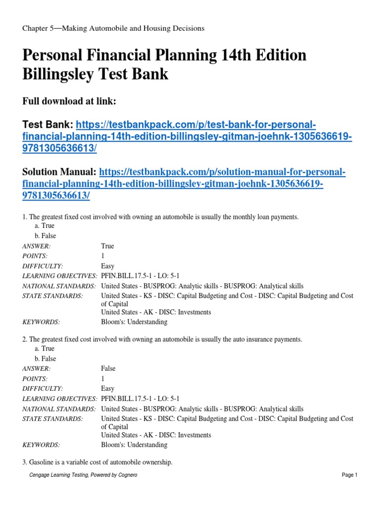 Personal Financial Planning 14th Edition Billingsley Test Bank 1 | PDF