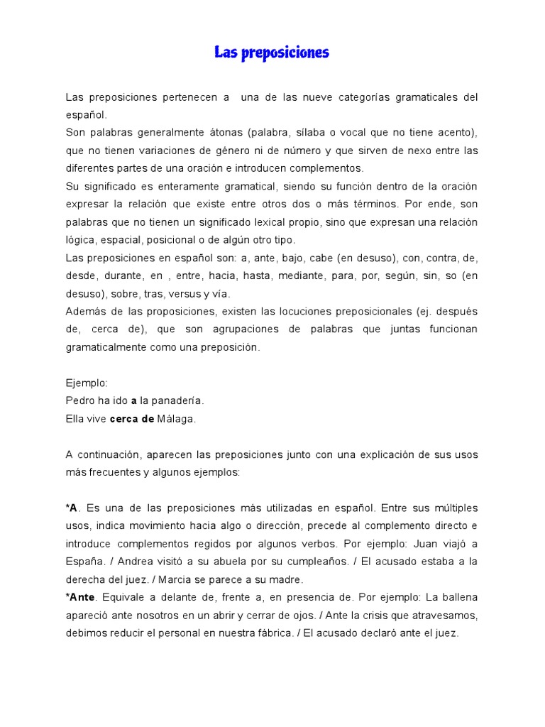 Guía de Preposiciones en Español | PDF | Preposición y Postposición ...
