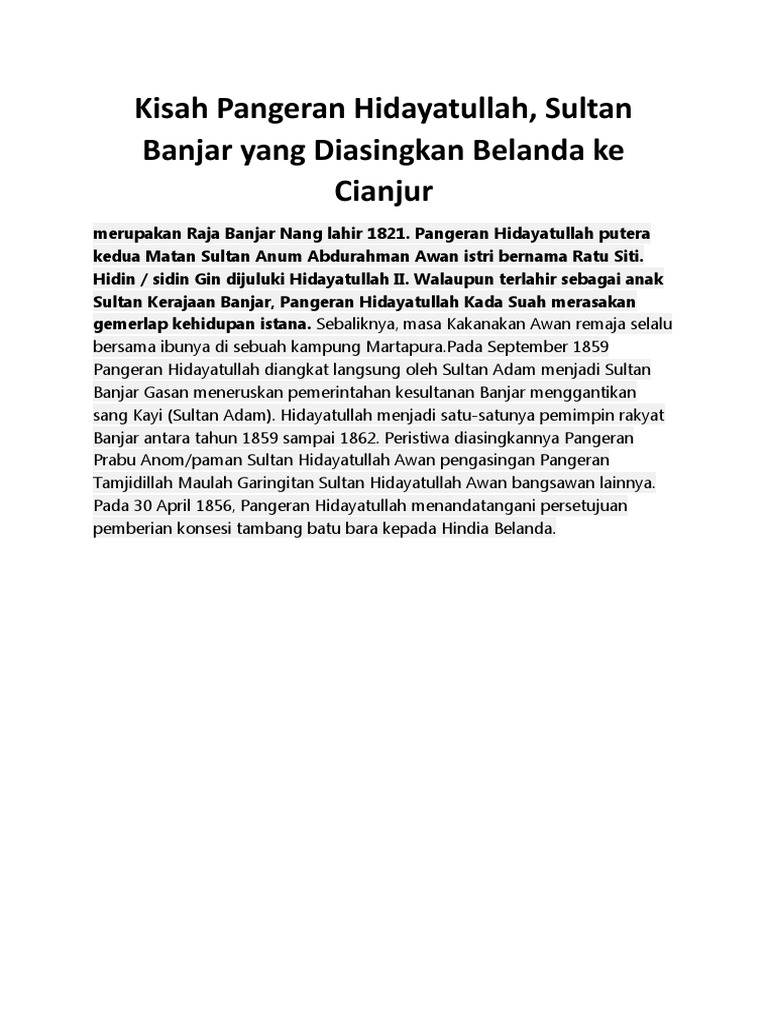 Kisah Pangeran Hidayatullah, Sultan Banjar Yang Diasingkan Belanda Ke ...