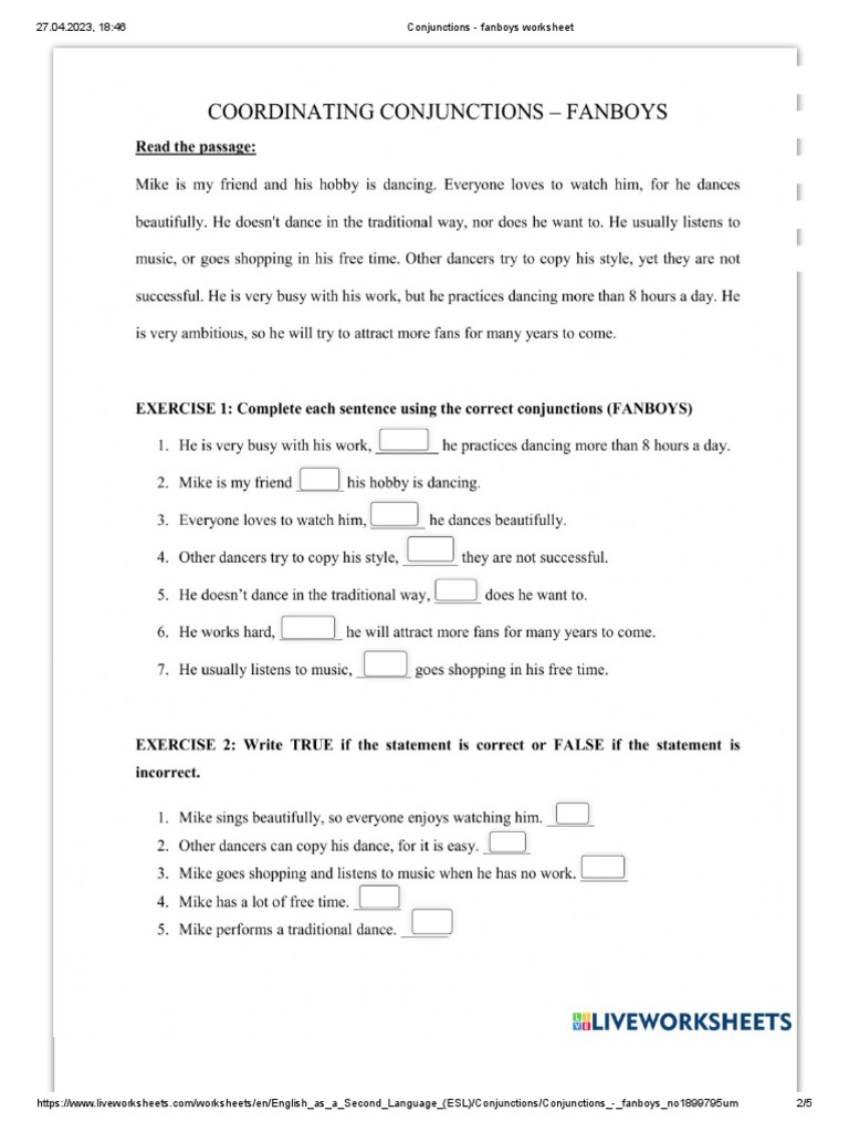 Conjunctions - Fanboys Worksheet | PDF