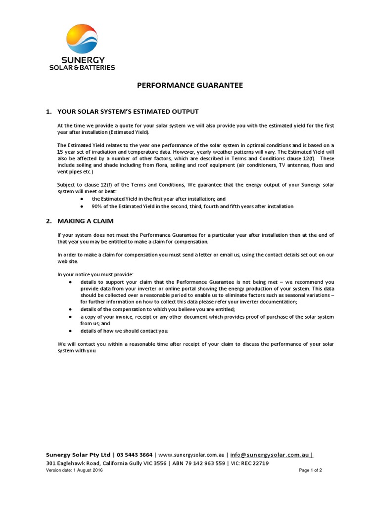Sunergy Performance Guarantee 010816 | PDF | Receipt | Physical Quantities