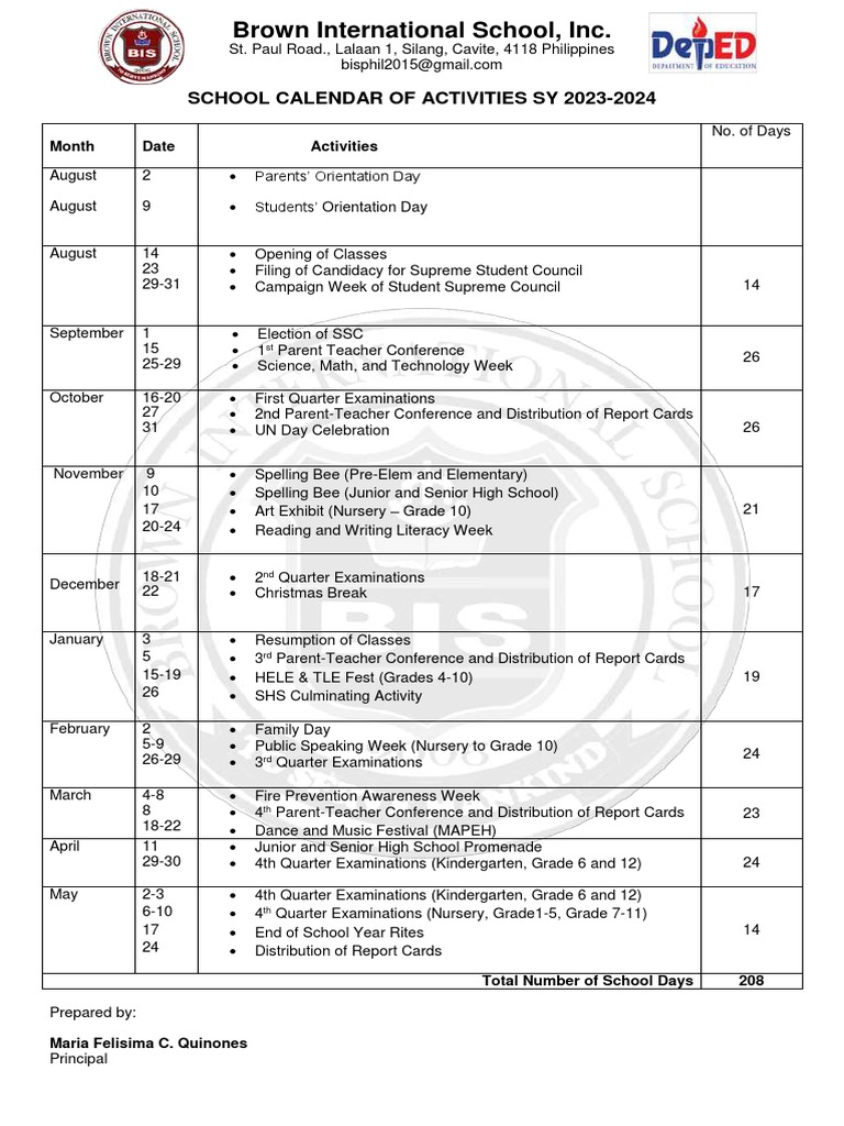CALENDAR OF ACTIVITIES Sy 23 24 | PDF | Childhood | Schools
