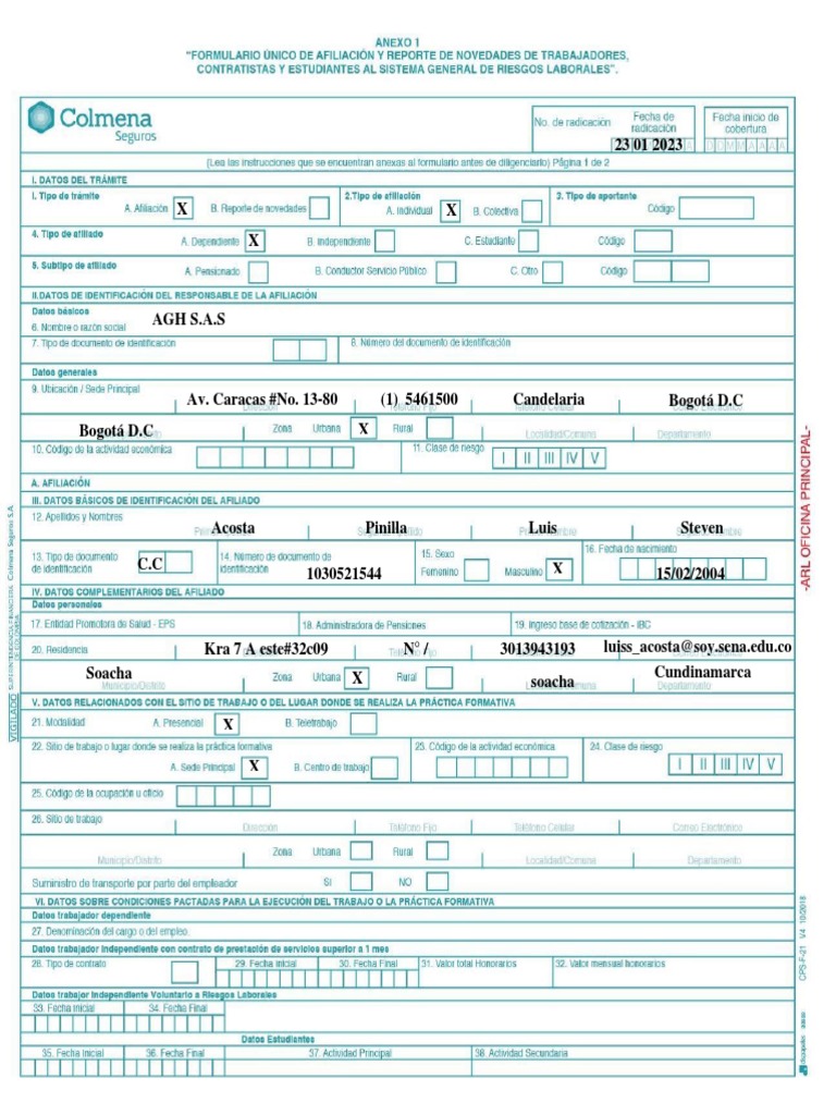 Formulario Afiliación ARL | PDF