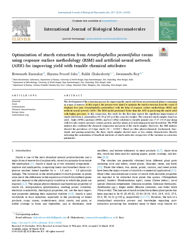All Rights Reserved Optimization Of Starch Extraction From