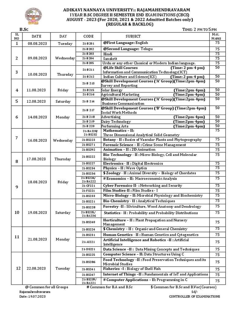 August 2023 Exam Schedule - Adikavi Nannaya University | PDF