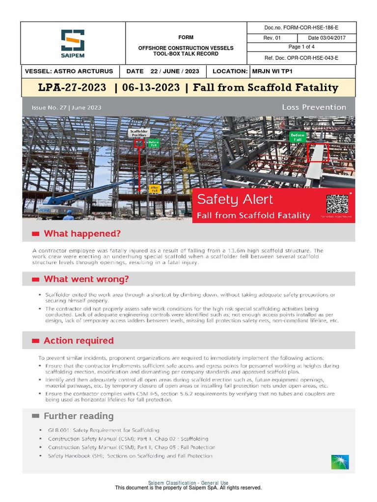 TBT - LTA-27-2023 Fall From Scaffold Fatility - June 27, 2023 | PDF