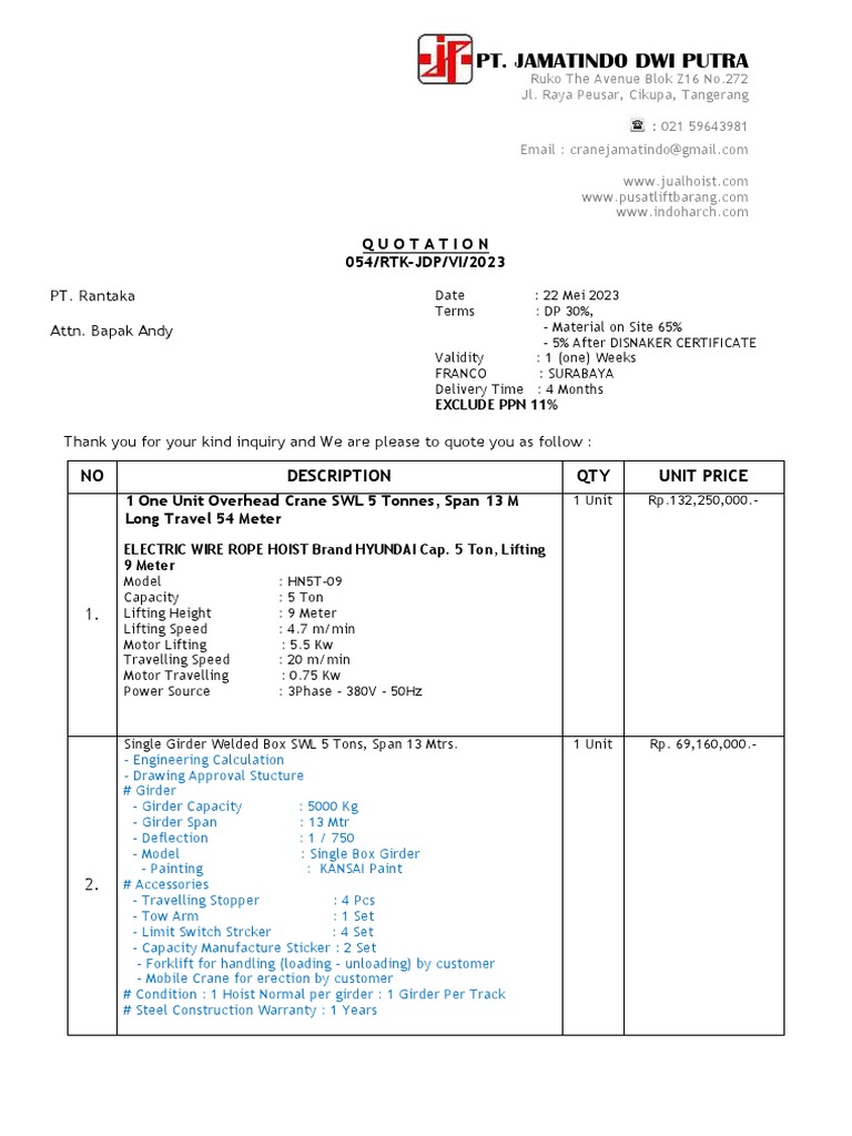 Pt. Jamatindo Dwi Putra: Quotation 054/RTK-JDP/VI/2023 | PDF