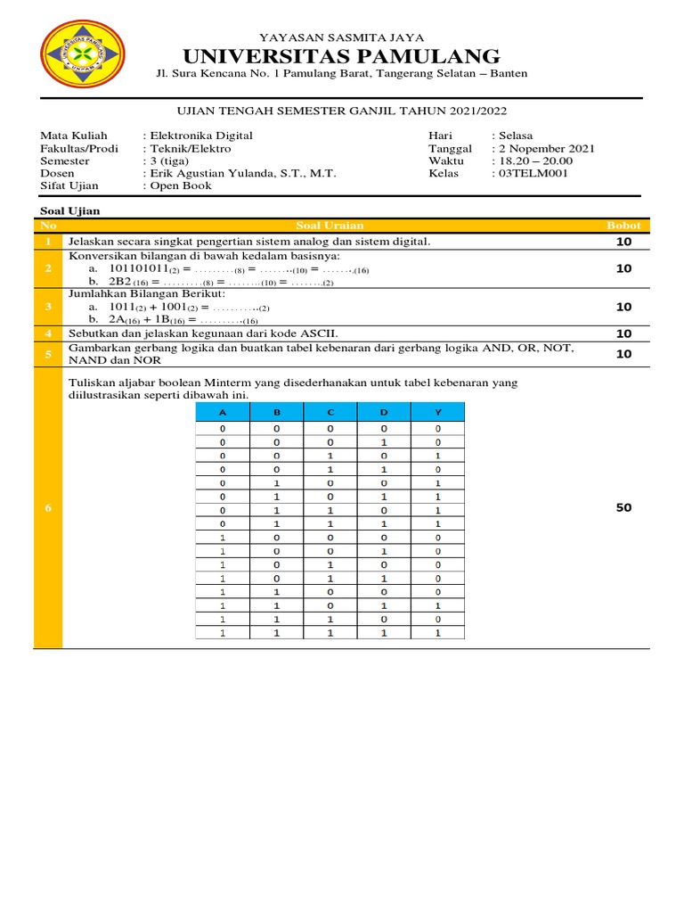 Soal UTS Elektronika Digital | PDF | Sains & Matematika | Teknologi & Rekayasa