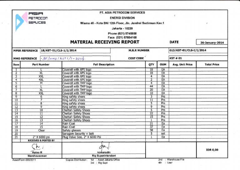 Material Receiving Report for Safety Gear | PDF