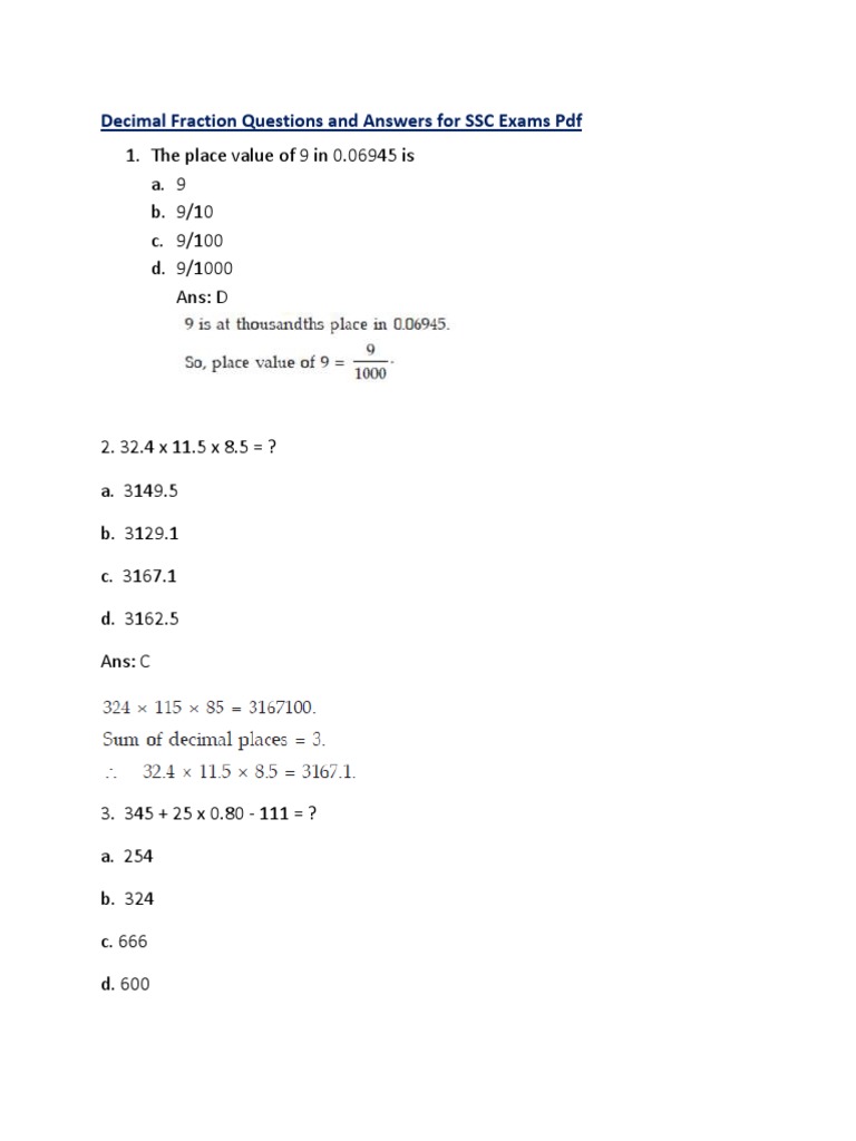 Decimal Fraction Questions for SSC Exams | PDF