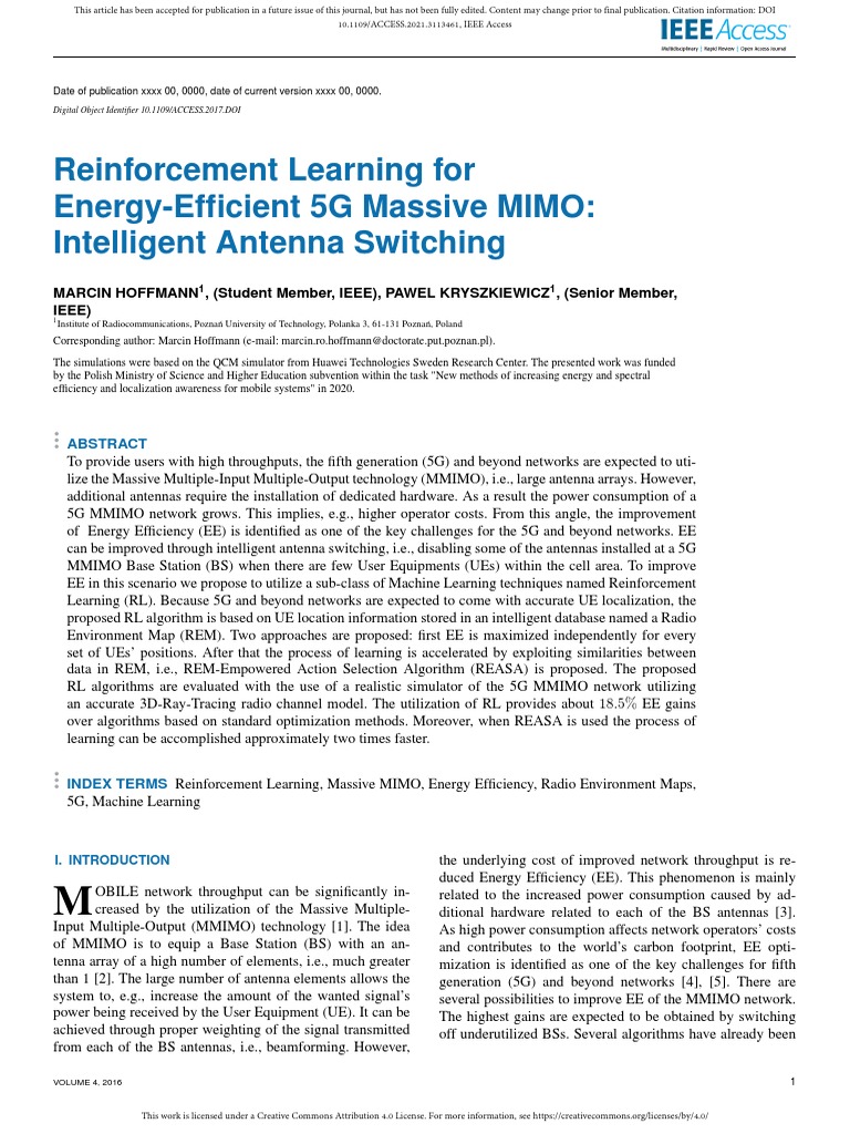 Reinforcement Learning For Energy Efficient 5g Massive Mimo Intelligent Antenna Switching 