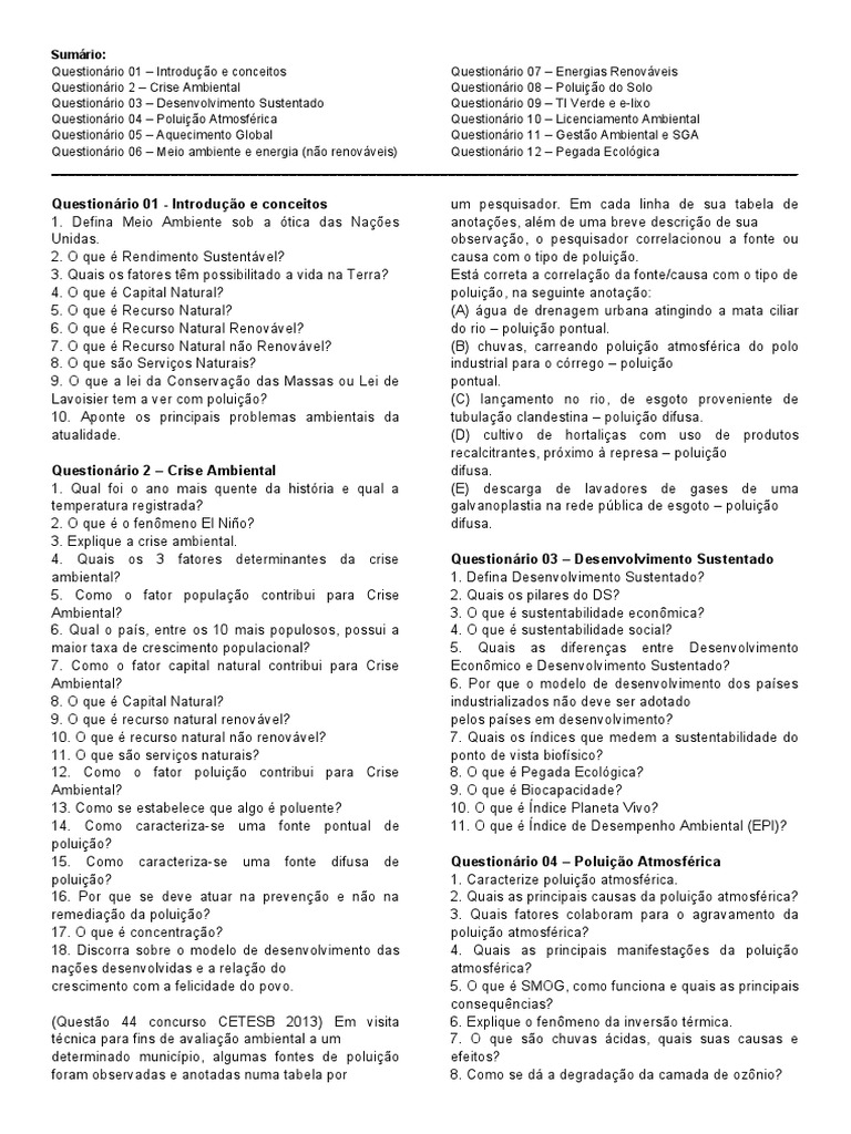 Questionário 01 | PDF | Desperdício | Energia renovável