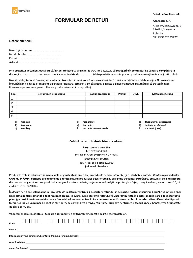 Formular Retur Born2be | PDF