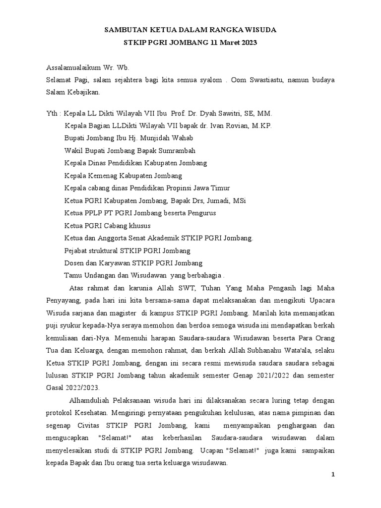 Sambutan Ketua Dalam Rangka Wisuda 2023 | PDF