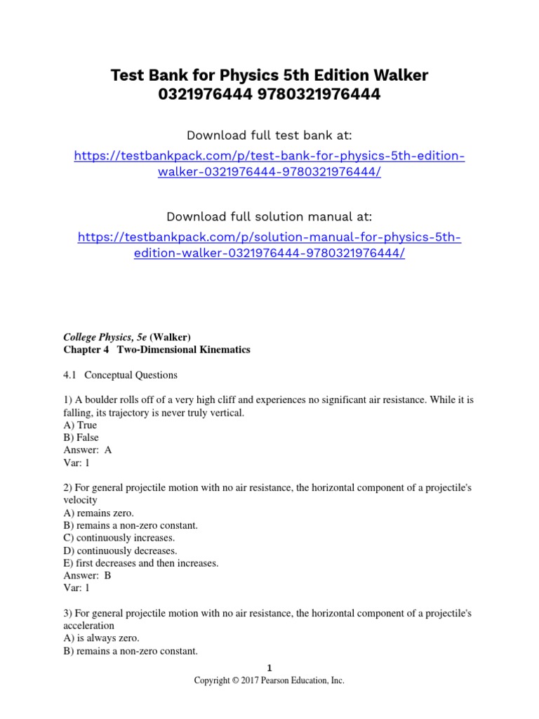 Physics 5th Edition Walker Test Bank 1 | PDF
