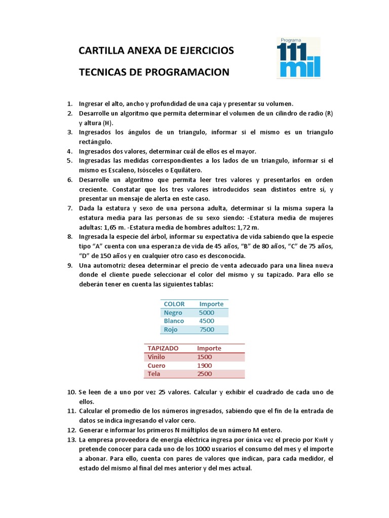 Cartilla de Ejercicios - Laboratorio de Programacion | PDF Cartilla de Ejercicios - Laboratorio de Programacion | PDF