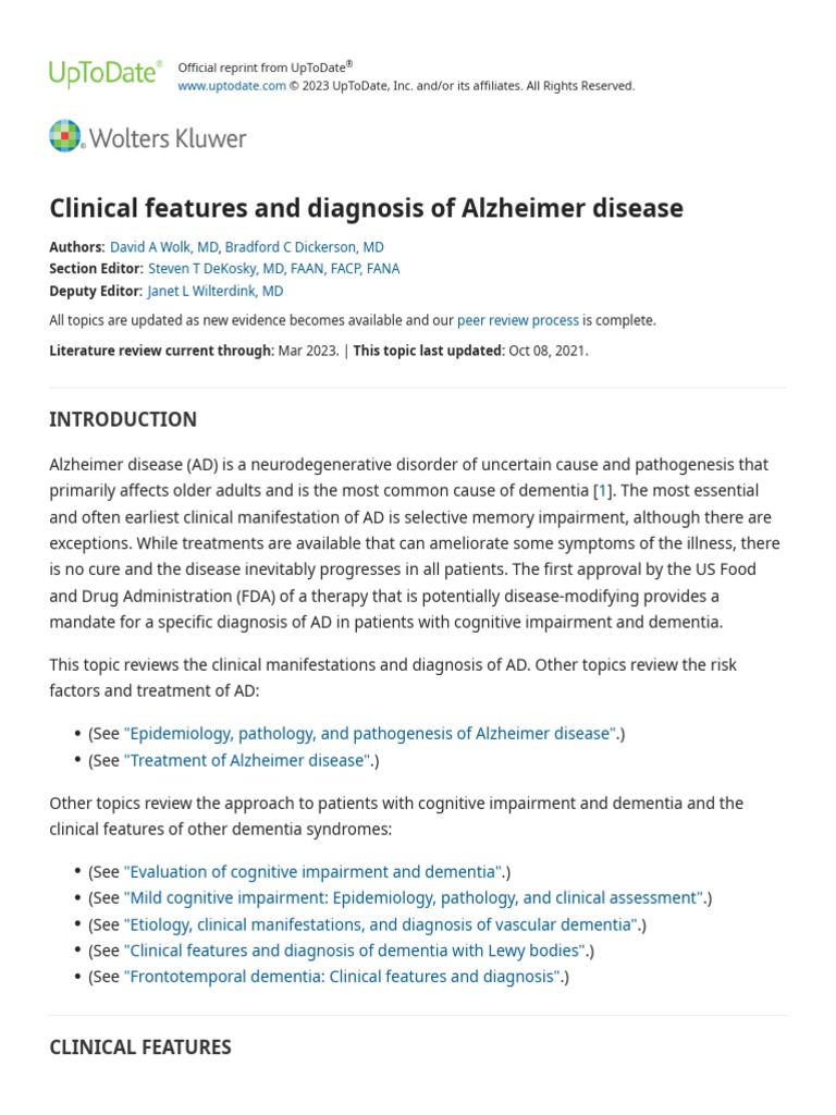 Clinical Features and Diagnosis of Alzheimer Disease - UpToDate | PDF ...