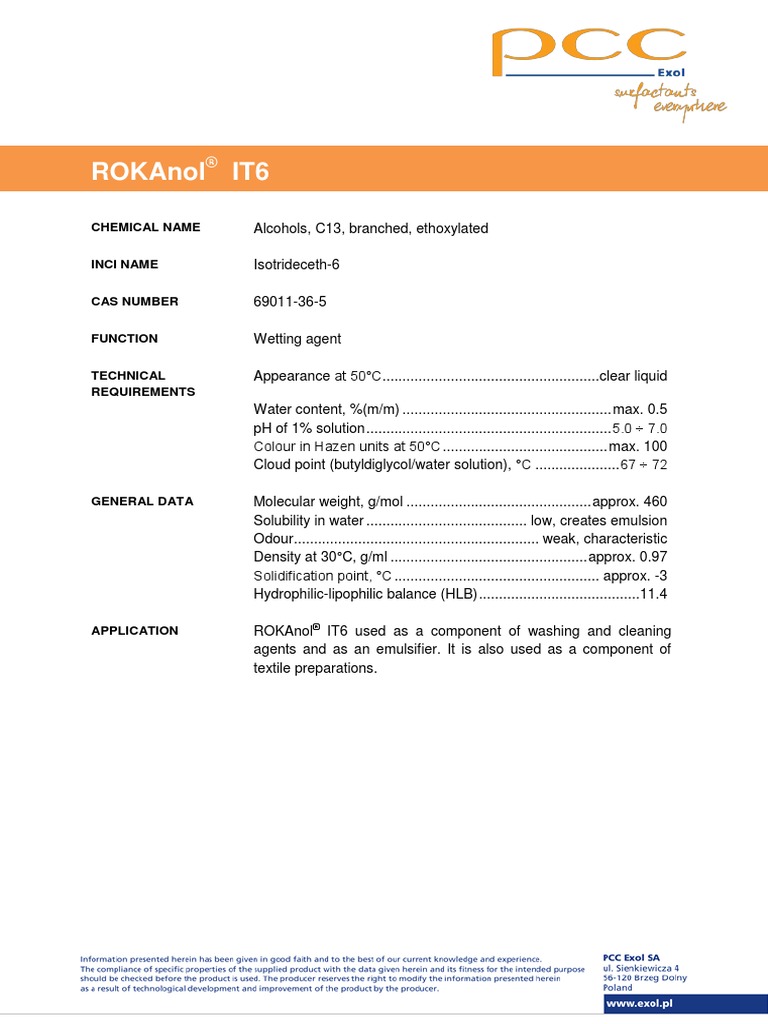 Rokanol It6 Isotrideceth 6 - Broszura - en | PDF